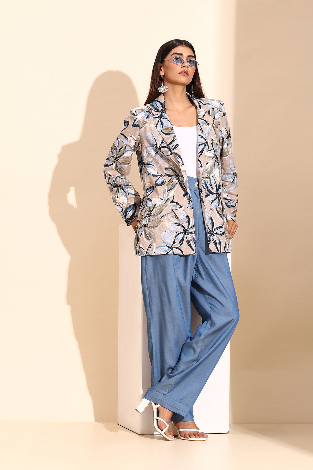 Floral Printed Cotton Linen Blazer