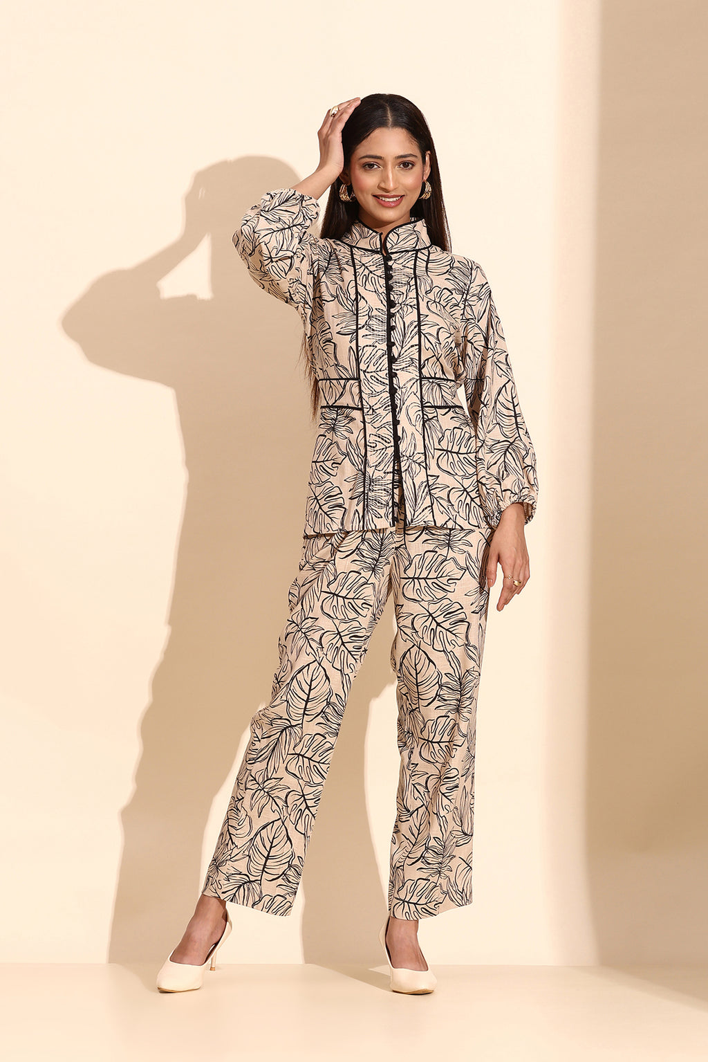 Beige With Black Abstract Print tailored Coord Set